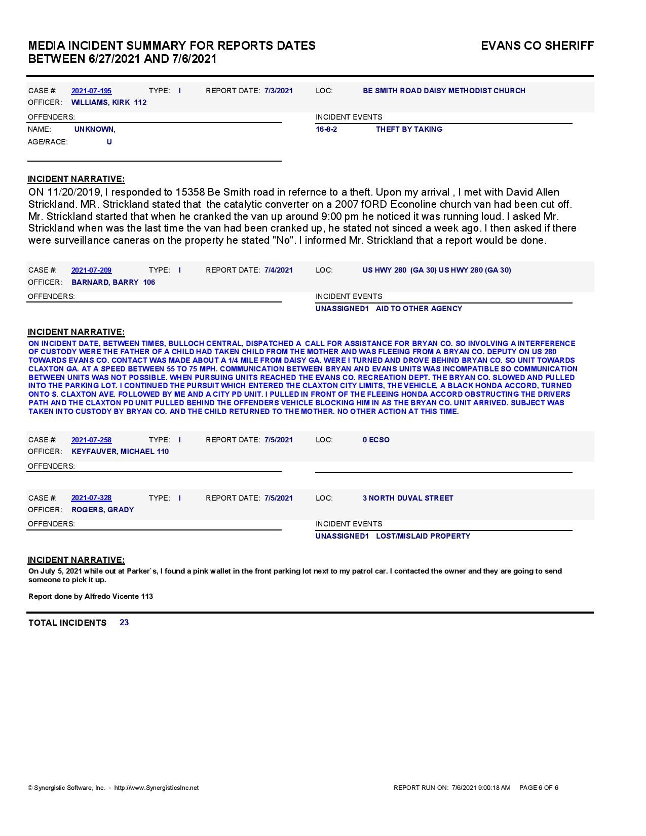 Evans Co. Jail & Incident Report – 07/06/21 • The Georgia Virtue